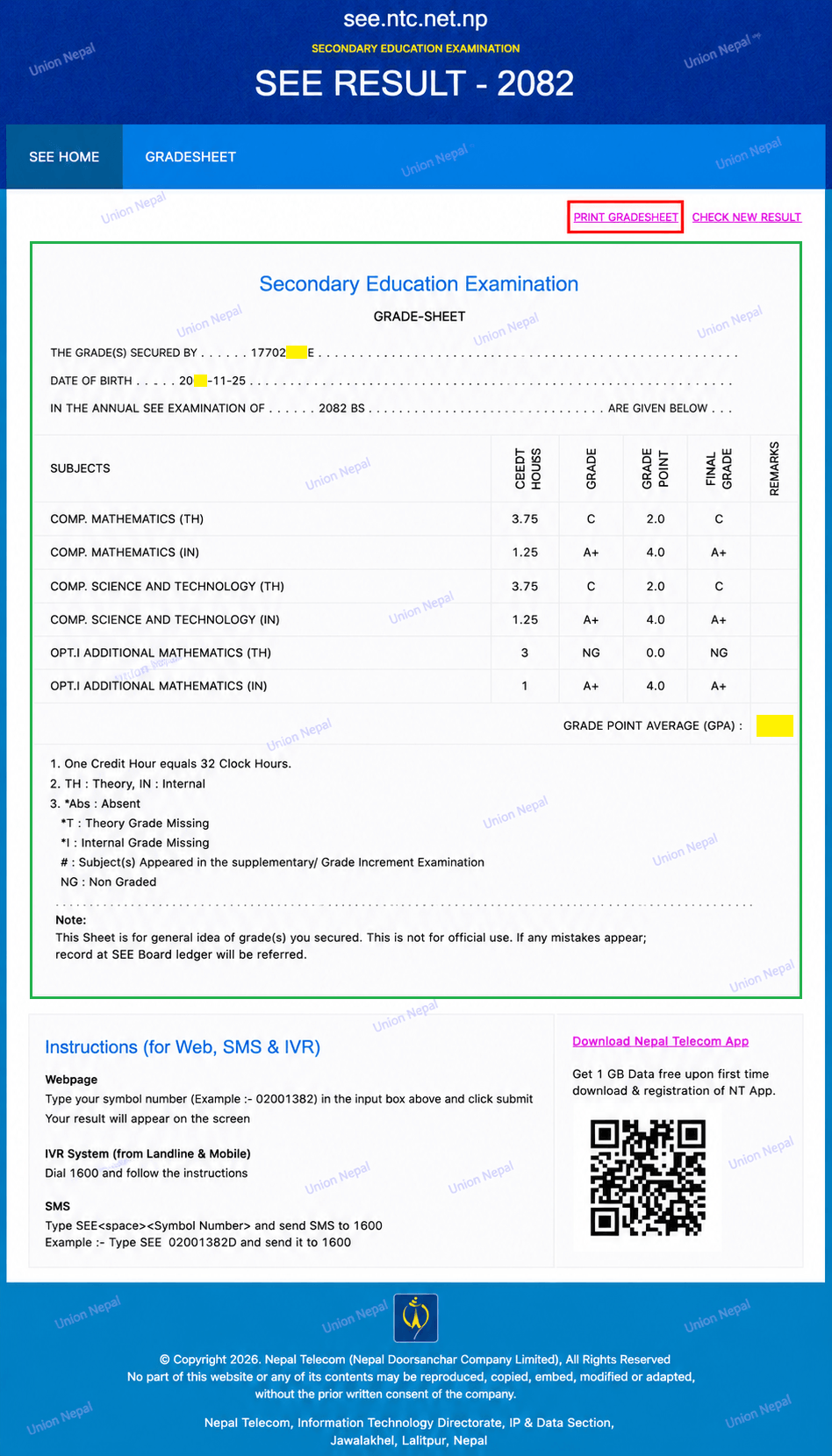 SEE/SLC - 2082/083 Result - Grade/Mark Sheet - Online - Union Nepal